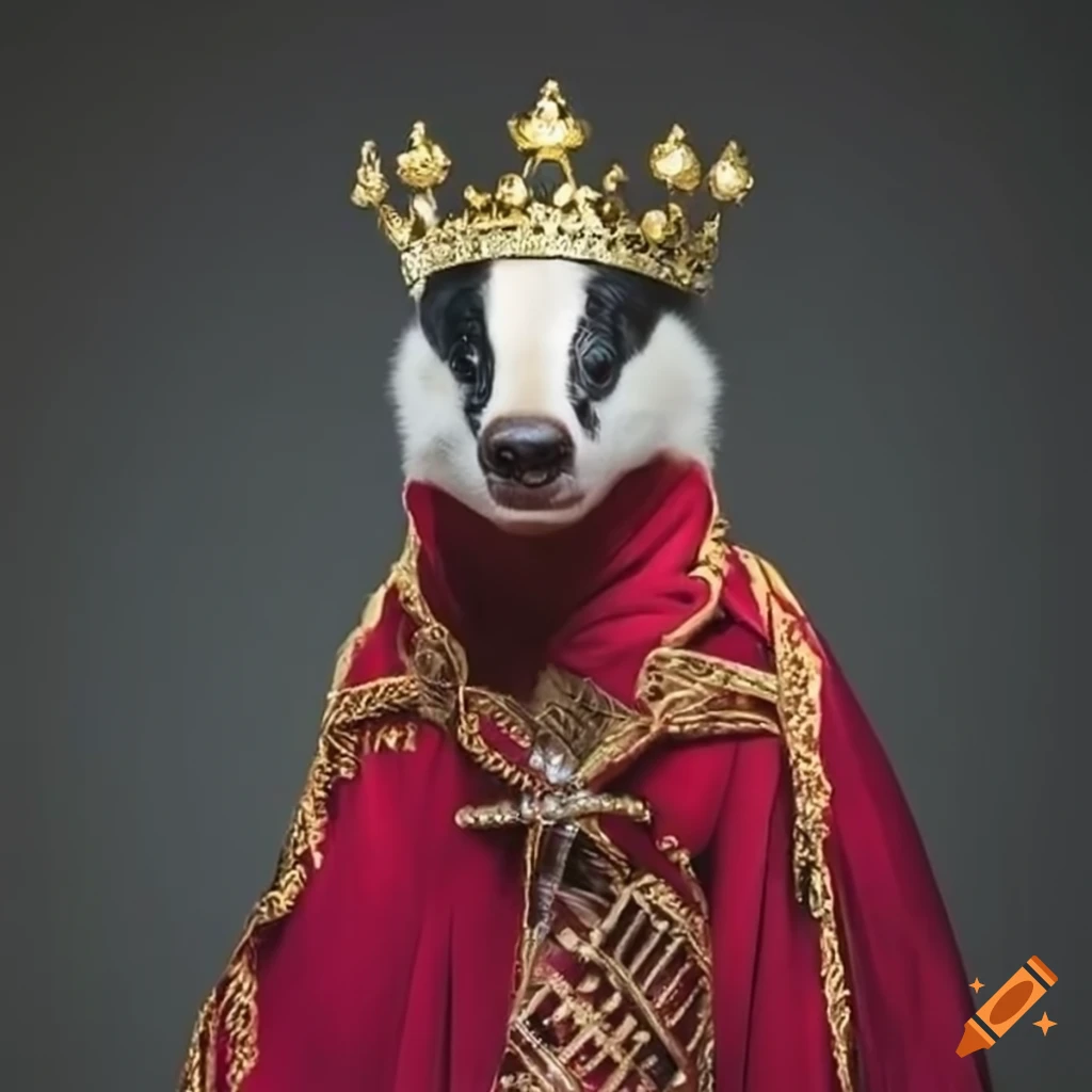 Artistic illustration of a badger in queen attire on Craiyon