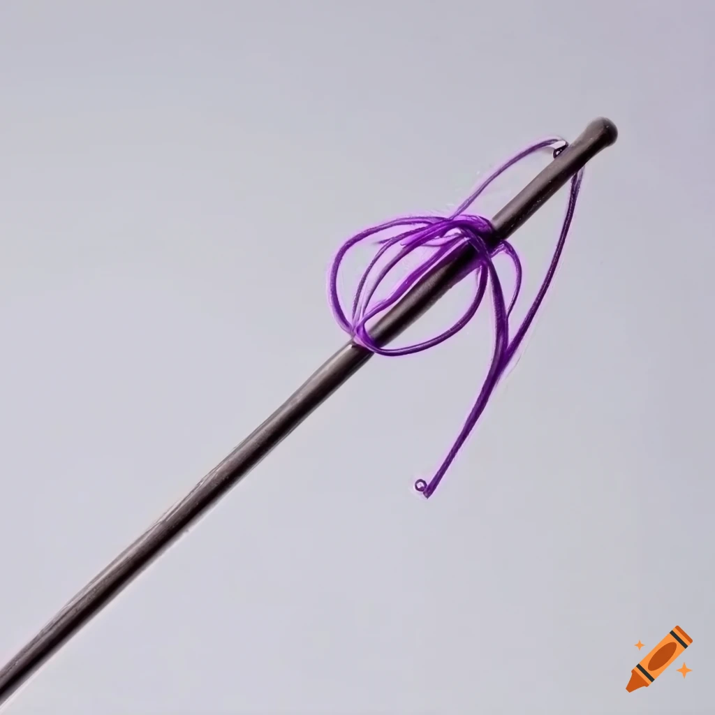 Purple threads on steel needle against white background