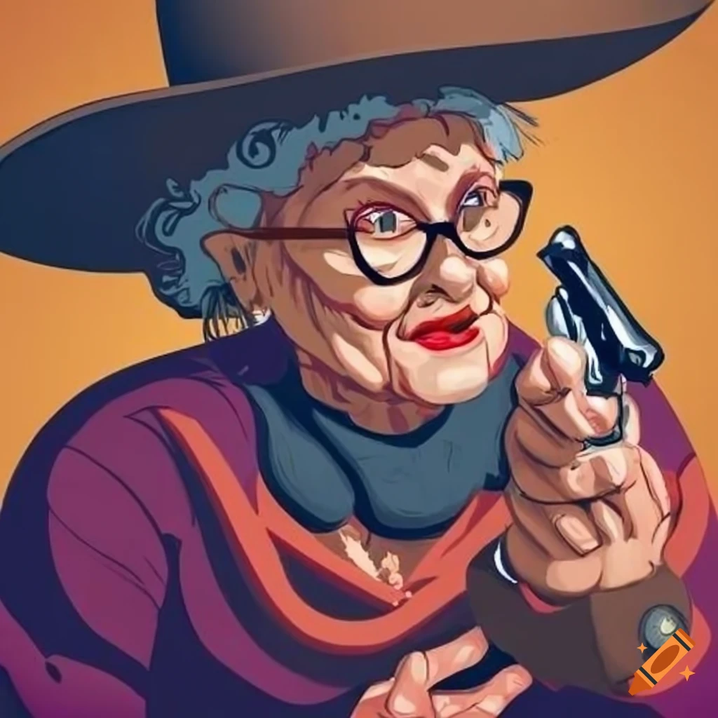 Illustration of a badass grandma with a revolver on Craiyon