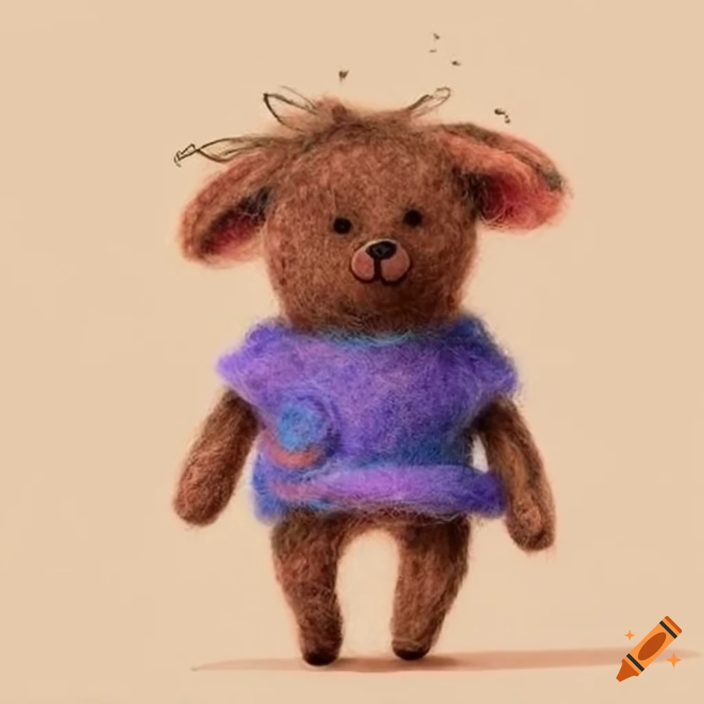 Wool art featuring felted dream creatures in outfits on Craiyon