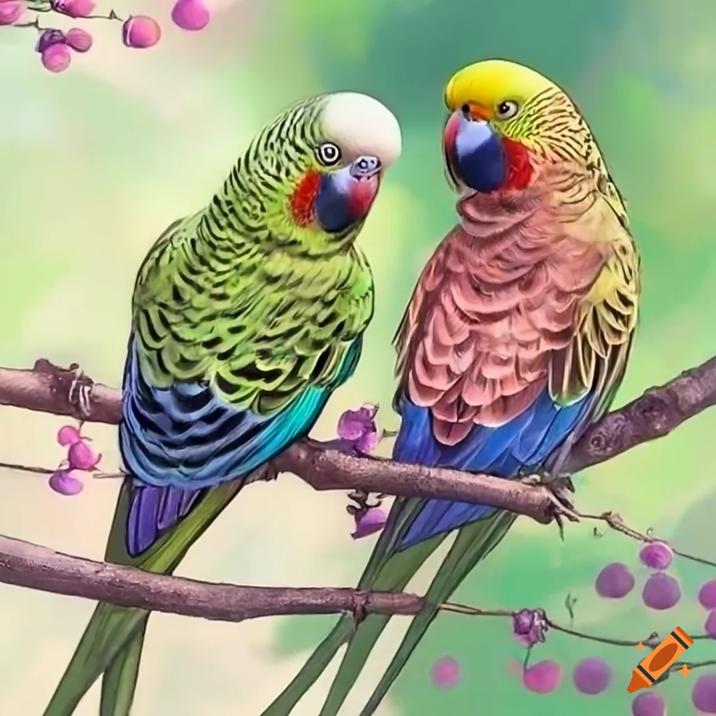 Parakeets perched on a blackberry