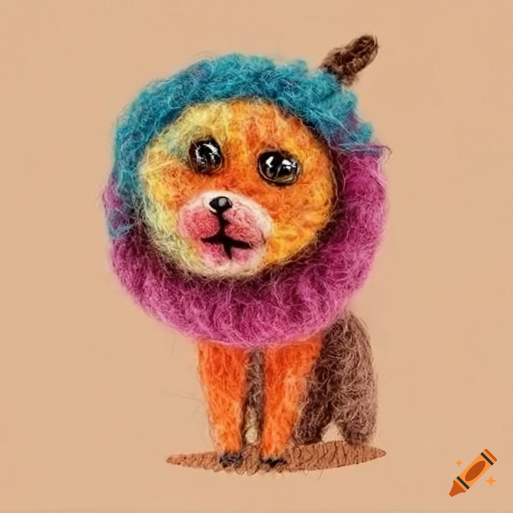 Wool art featuring felted dream creatures in outfits on Craiyon