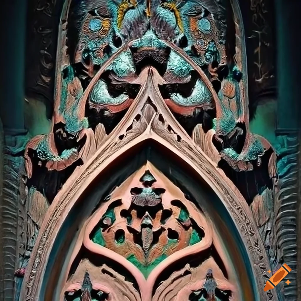 Detailed carving of a shrine with moth motif on Craiyon