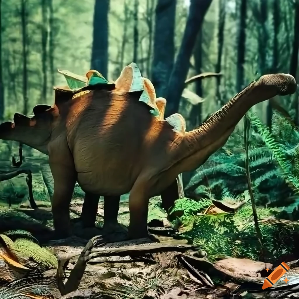 Detailed image of a cinnamon-colored stegosaurus in a forest clearing ...