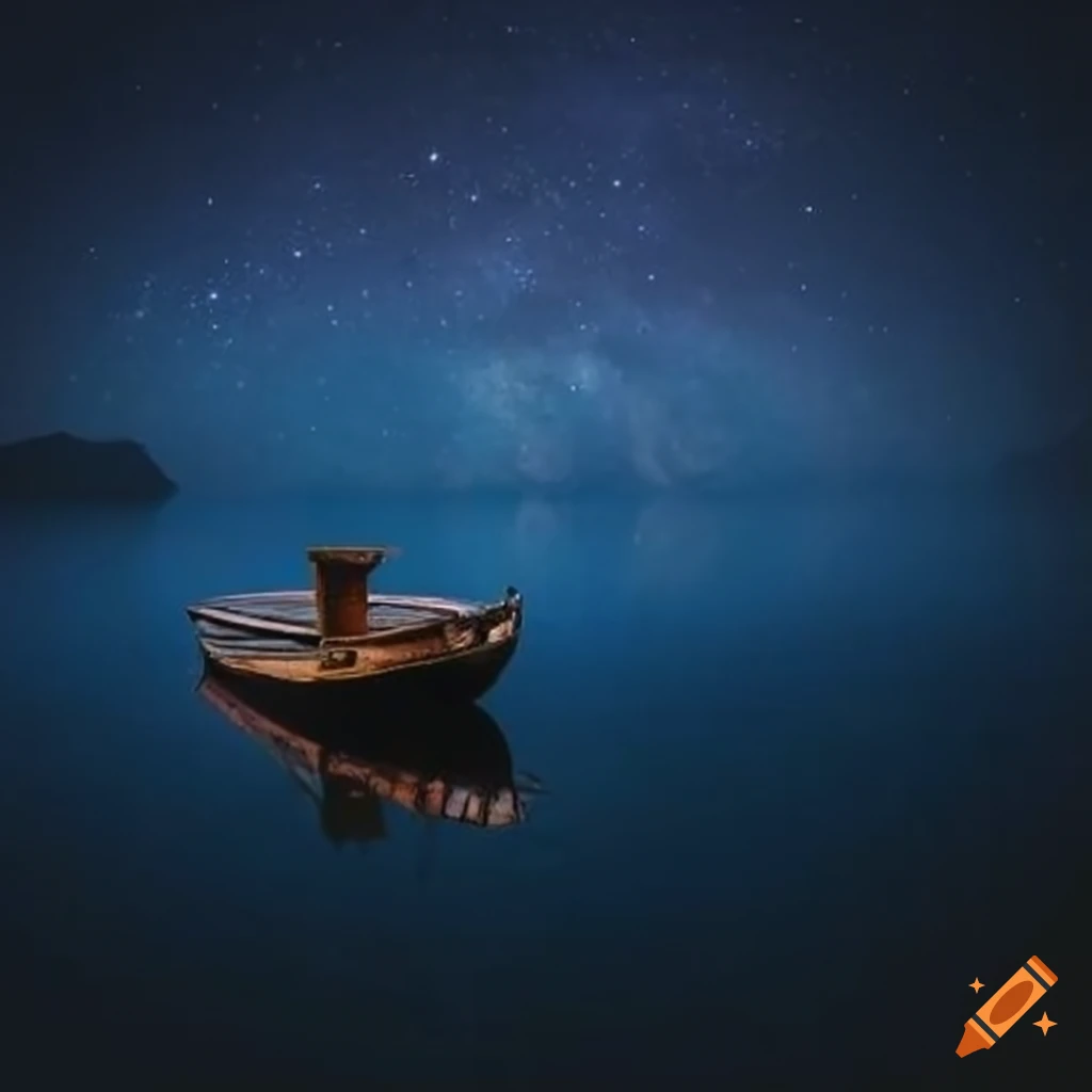 Wooden boat sailing under the stars