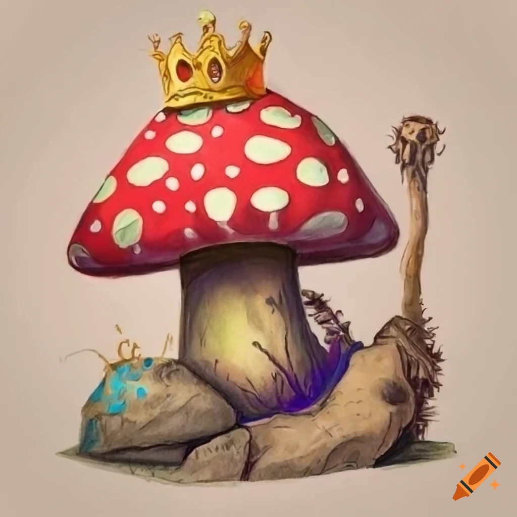 Illustration of a mushroom wizard with crown and staff on Craiyon