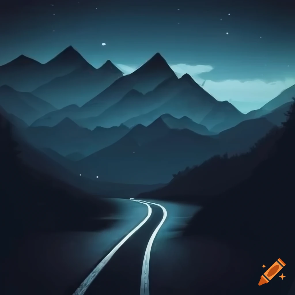 Noir style night road leading to mountains