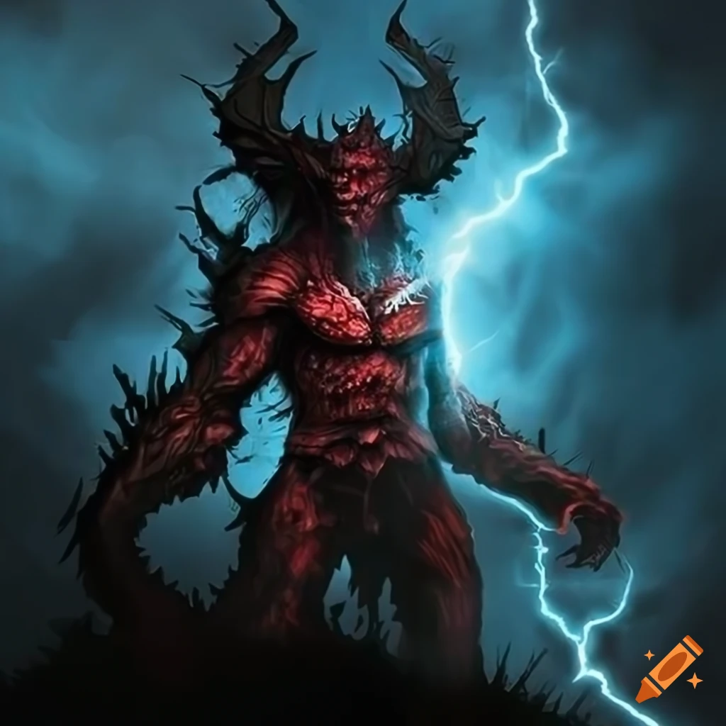 Art of a demon surrounded by lightning bolts and dark terrain on Craiyon