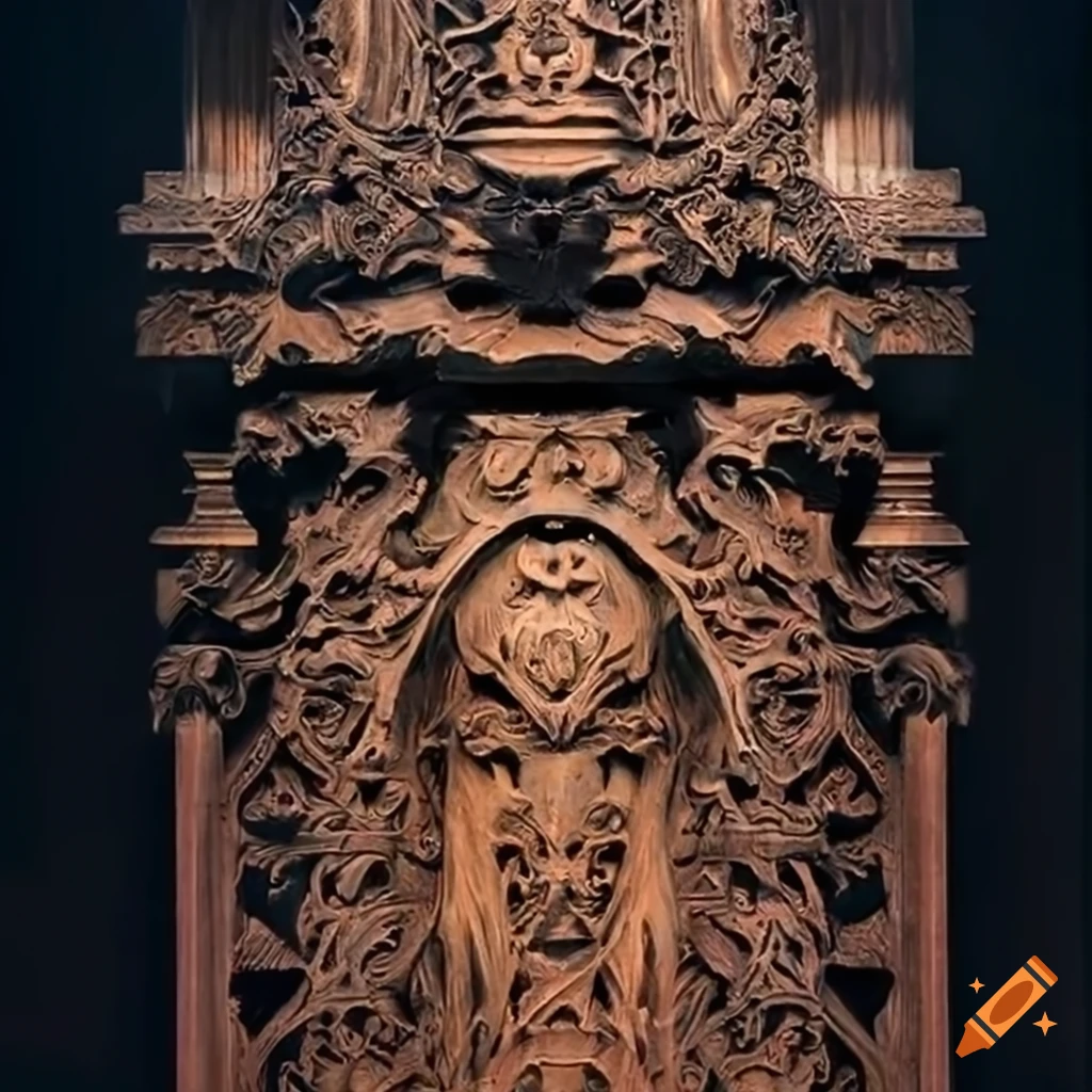 Detailed carving of a shrine with moth motif