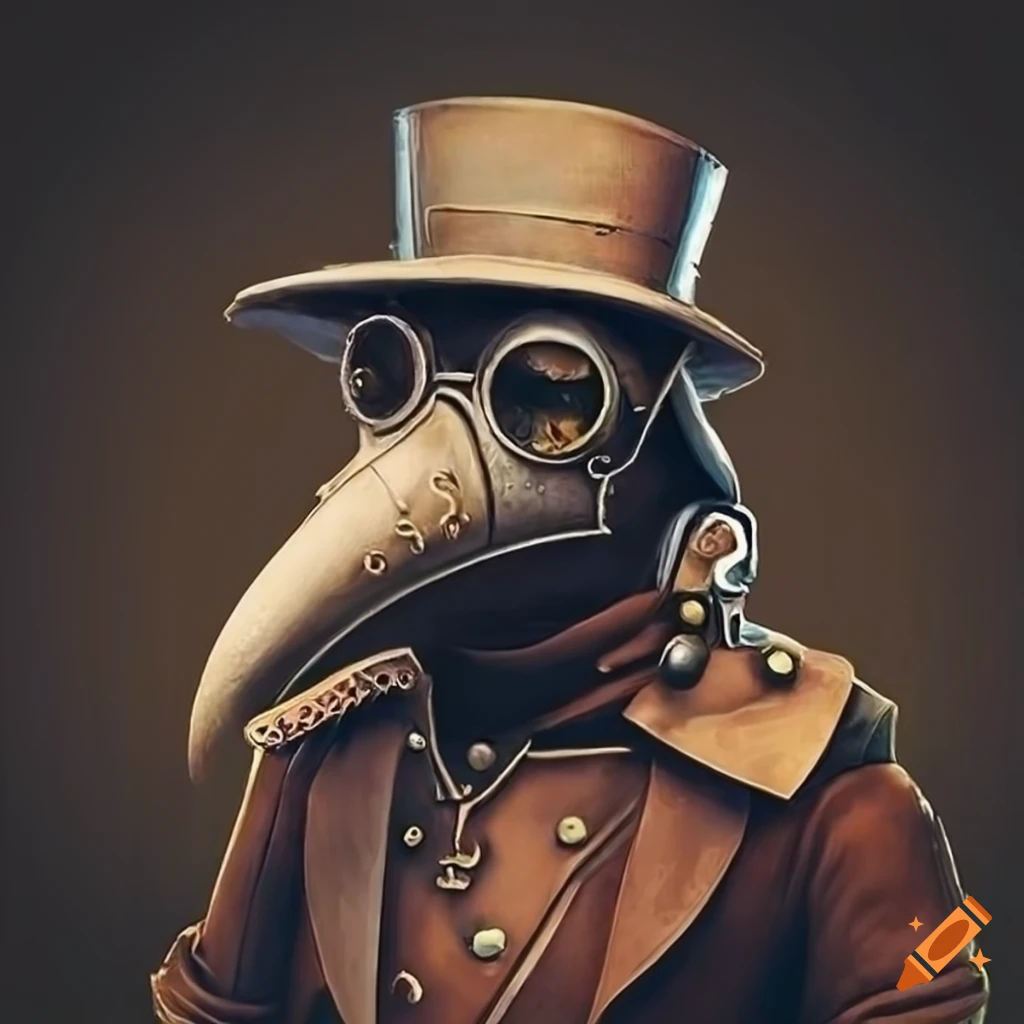 Artistically painted plague doctor in a steampunk town cafe on Craiyon