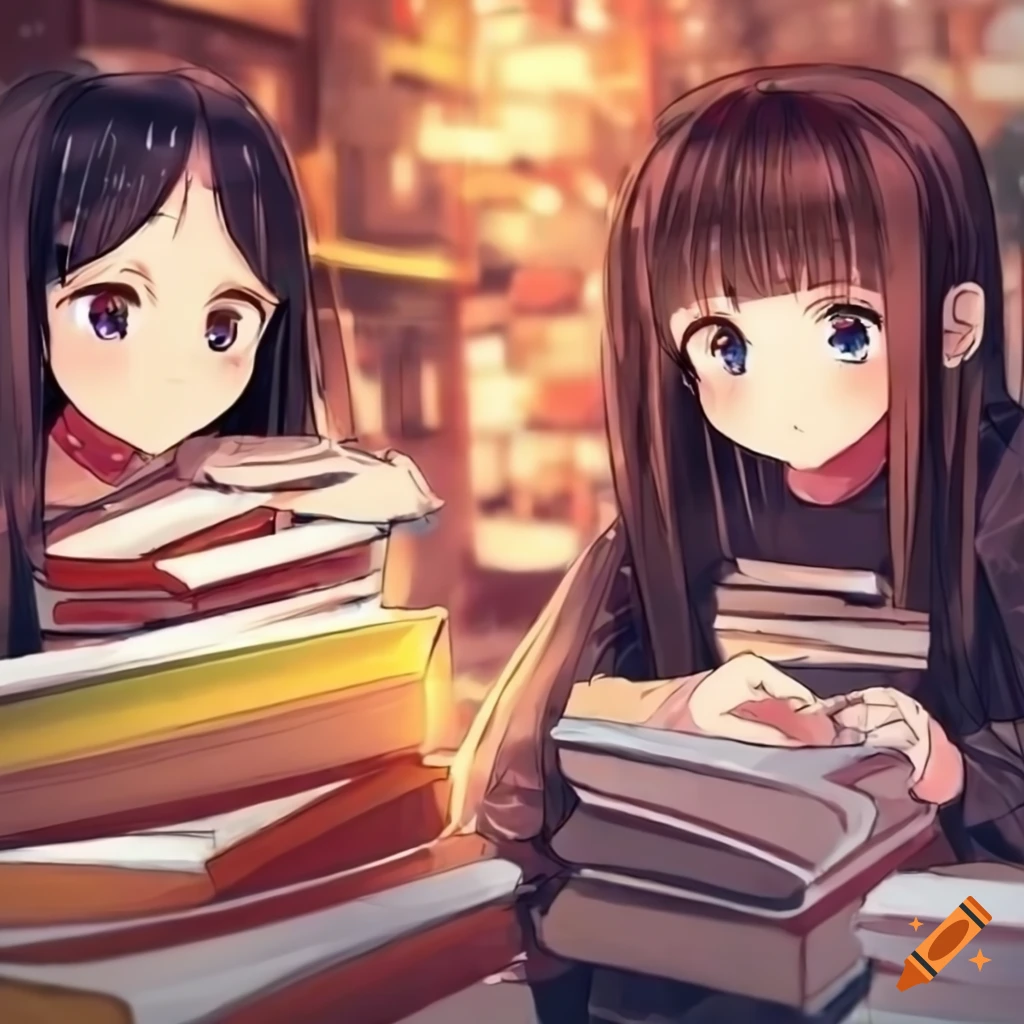 Anime girls enjoying a rainy day in a bookstore on Craiyon