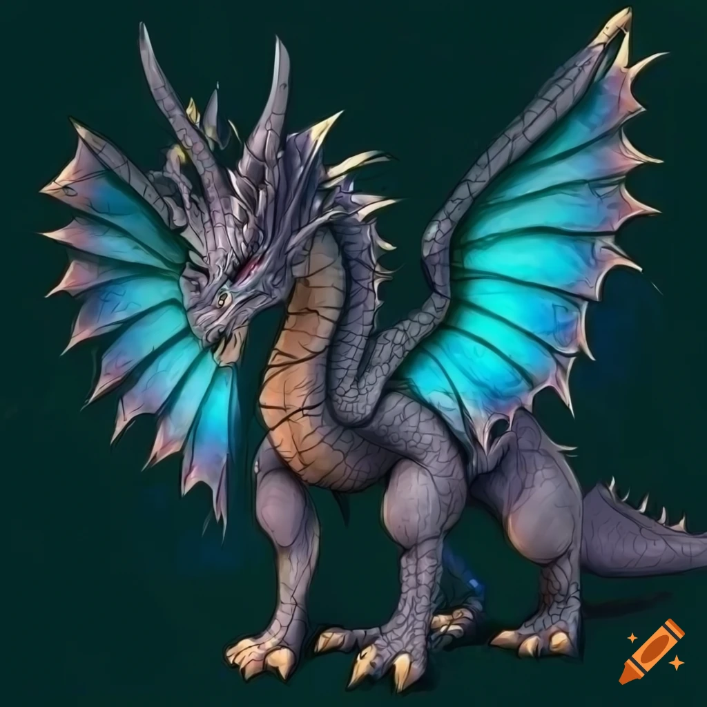 Side view illustration of a detailed dragon with wings and four legs on ...