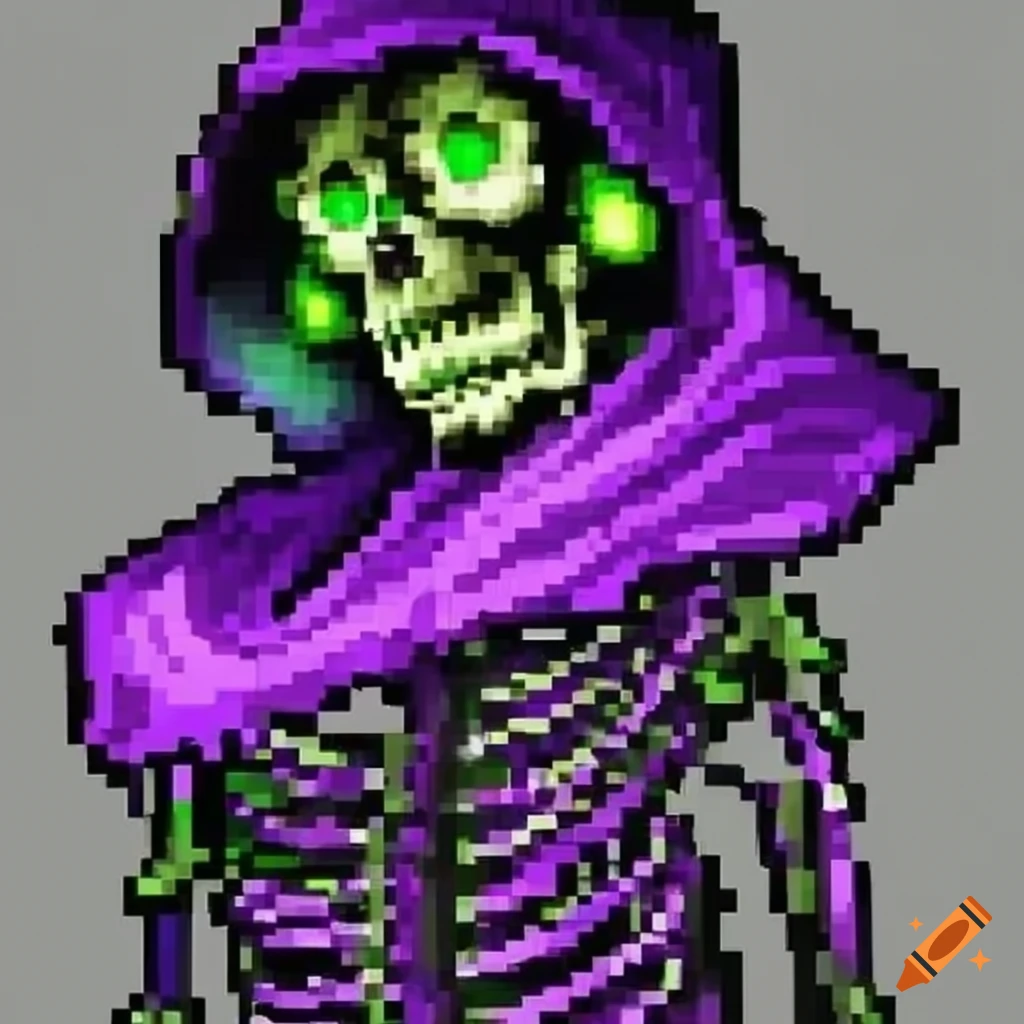 Pixel art of a spooky green and purple skeleton on Craiyon