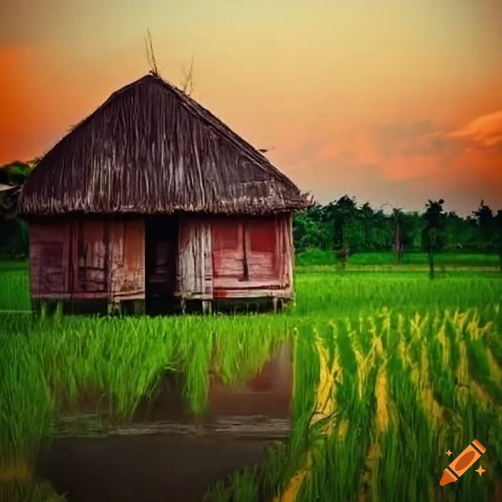 Picture of a shabby hut in front of a rice field on Craiyon
