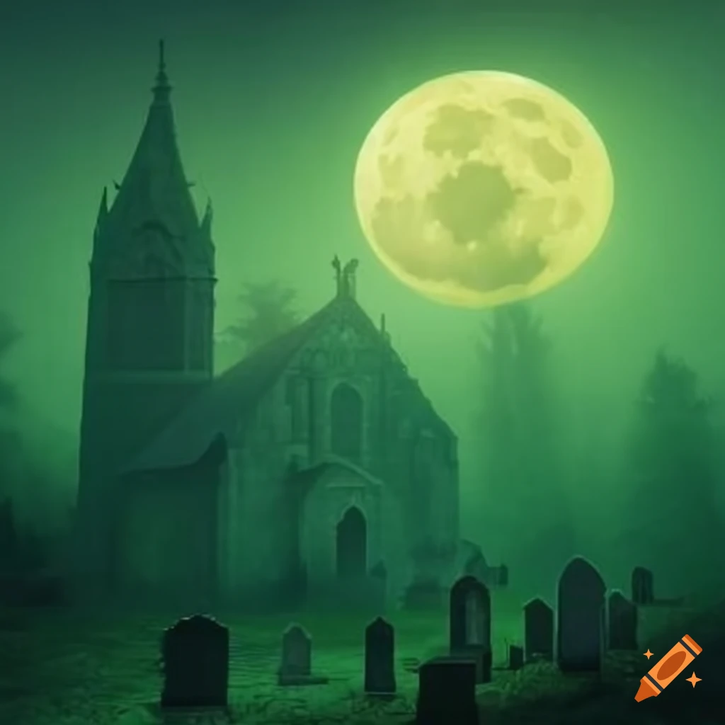 Eerie graveyard with green fog and a yellow moon