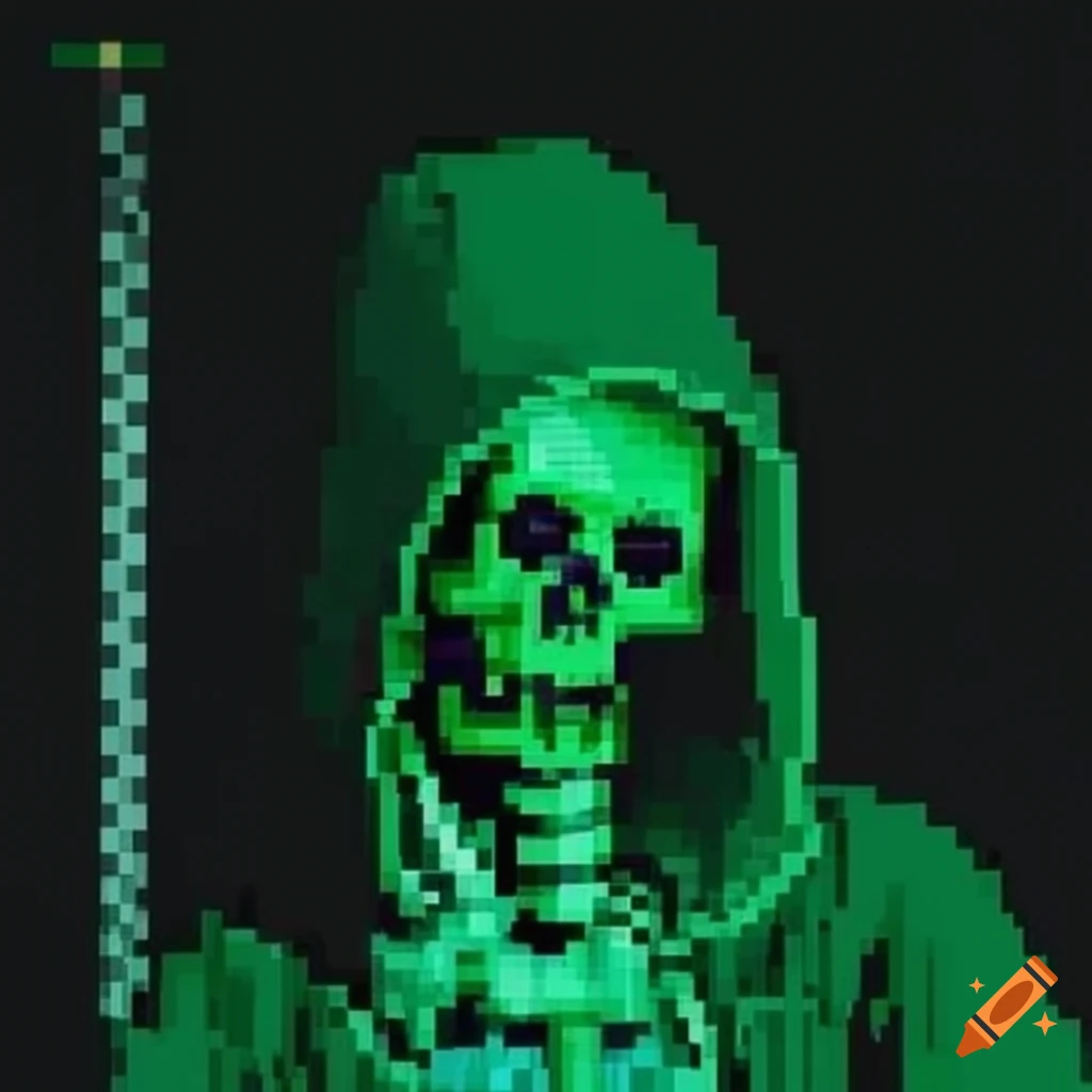 Pixel art of a frightening skeleton in the hood