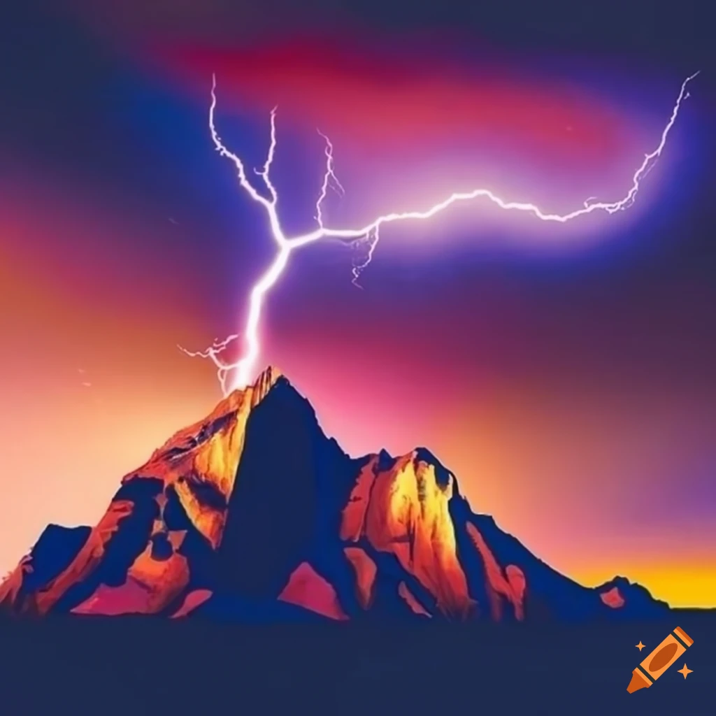 Sunset over mountain with lightning