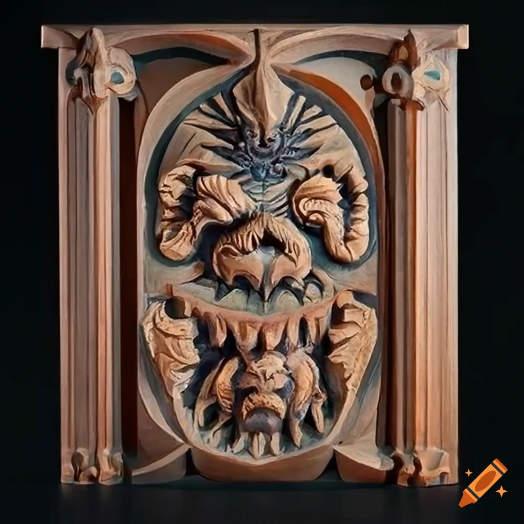 Architectural stave carving artwork with moth werewolf motif on Craiyon