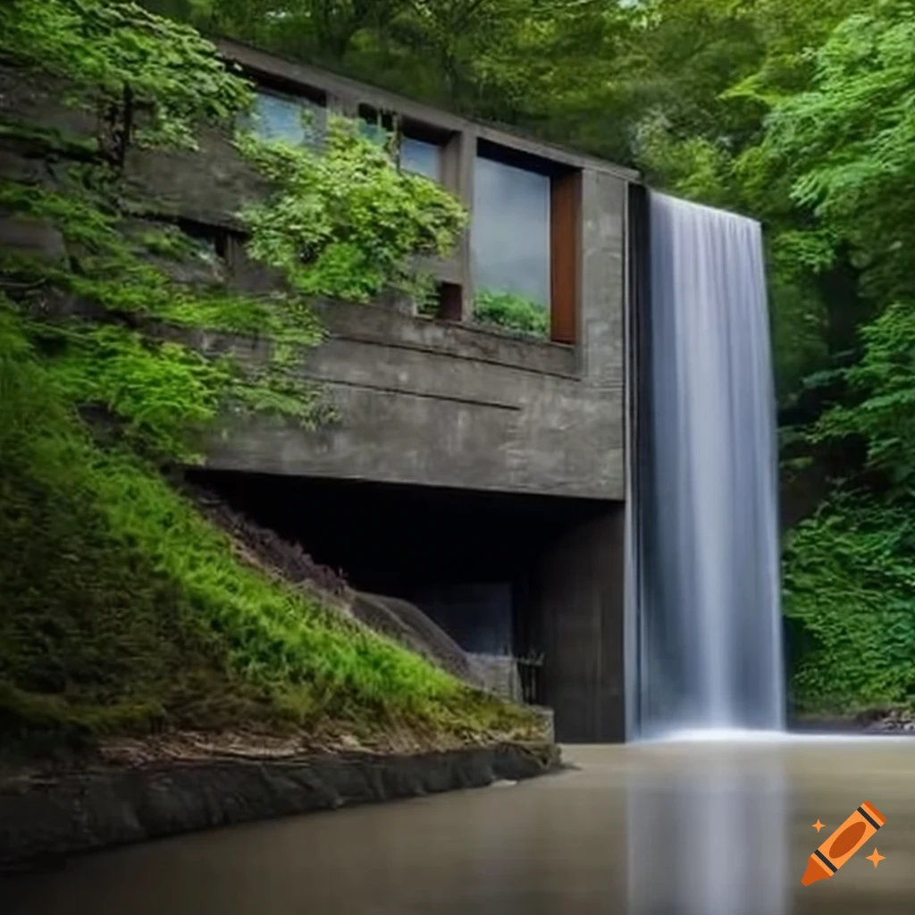 Brutalist house near a waterfall on Craiyon