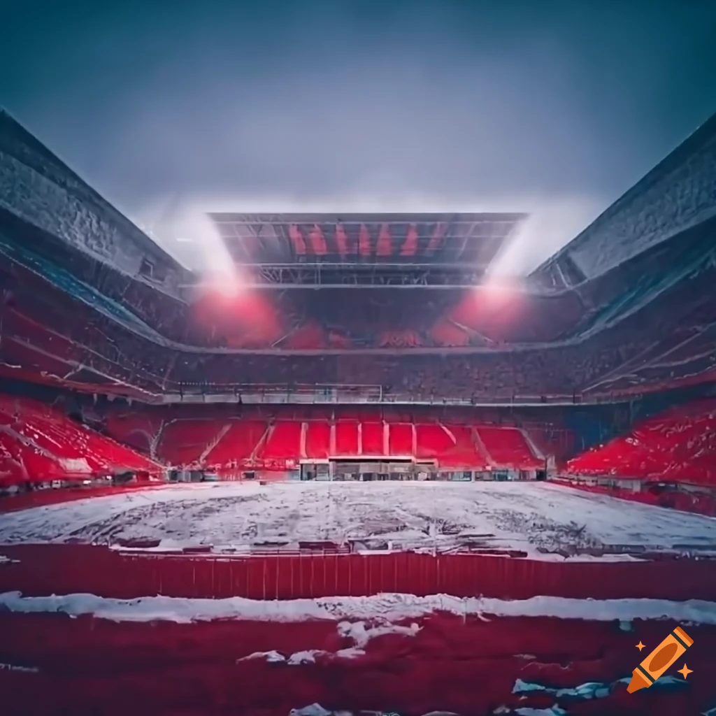 Football stadium in the snow with red fans and wolf flags on Craiyon