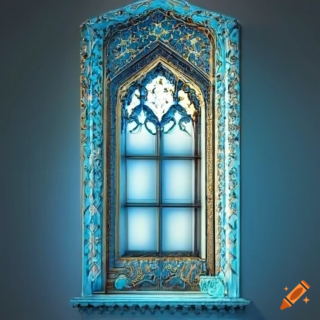 Blue baroque gothic window with islamic art ornaments