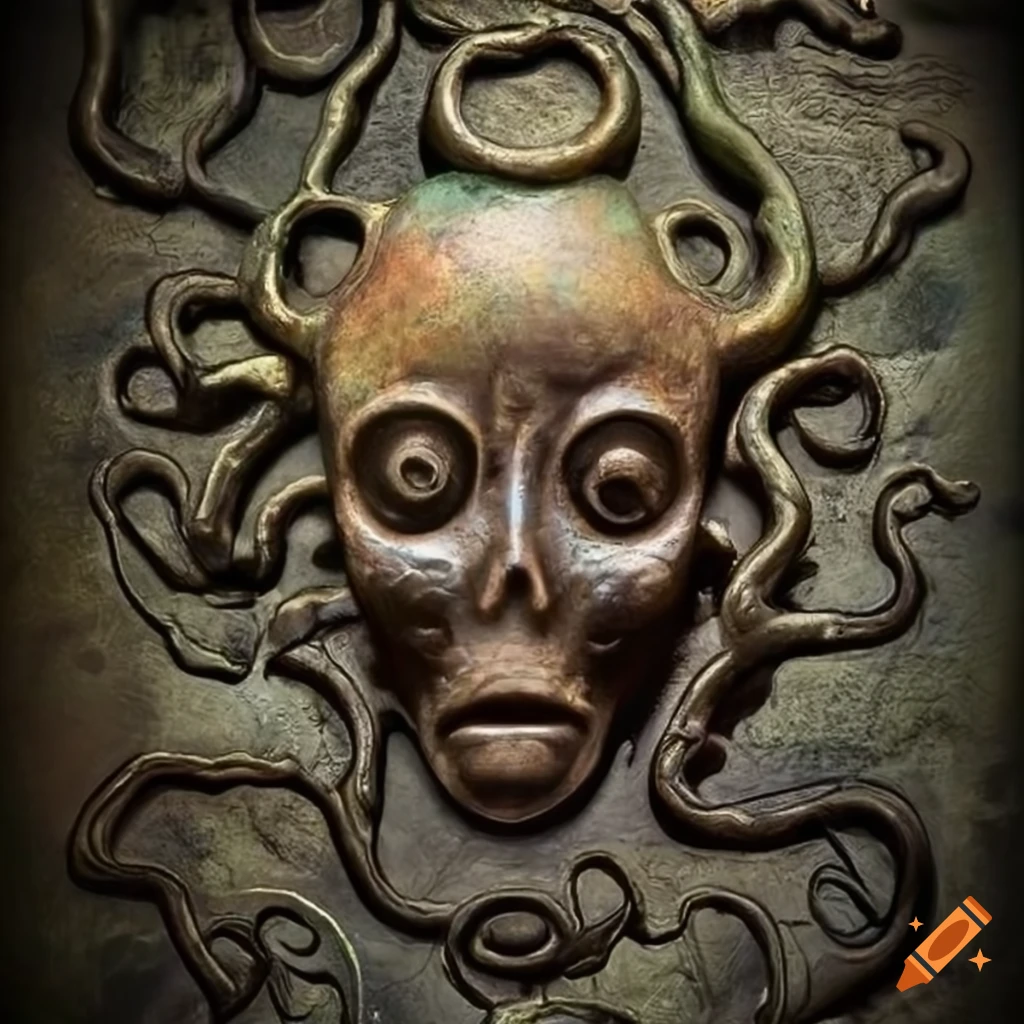 Bronze artifact on an elder table with lovecraft-style artwork on Craiyon