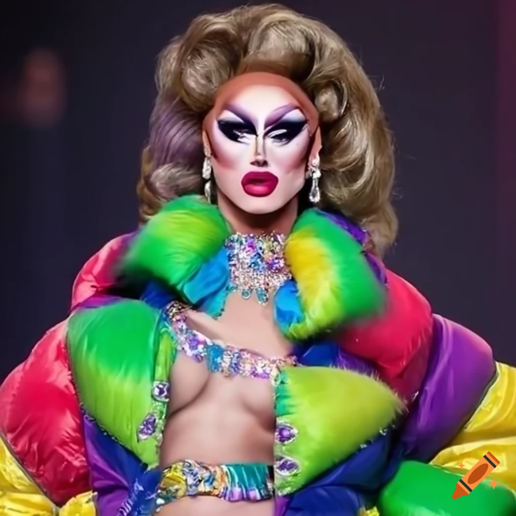 Drag queen in vibrant puff jacket-themed outfit on runway on Craiyon