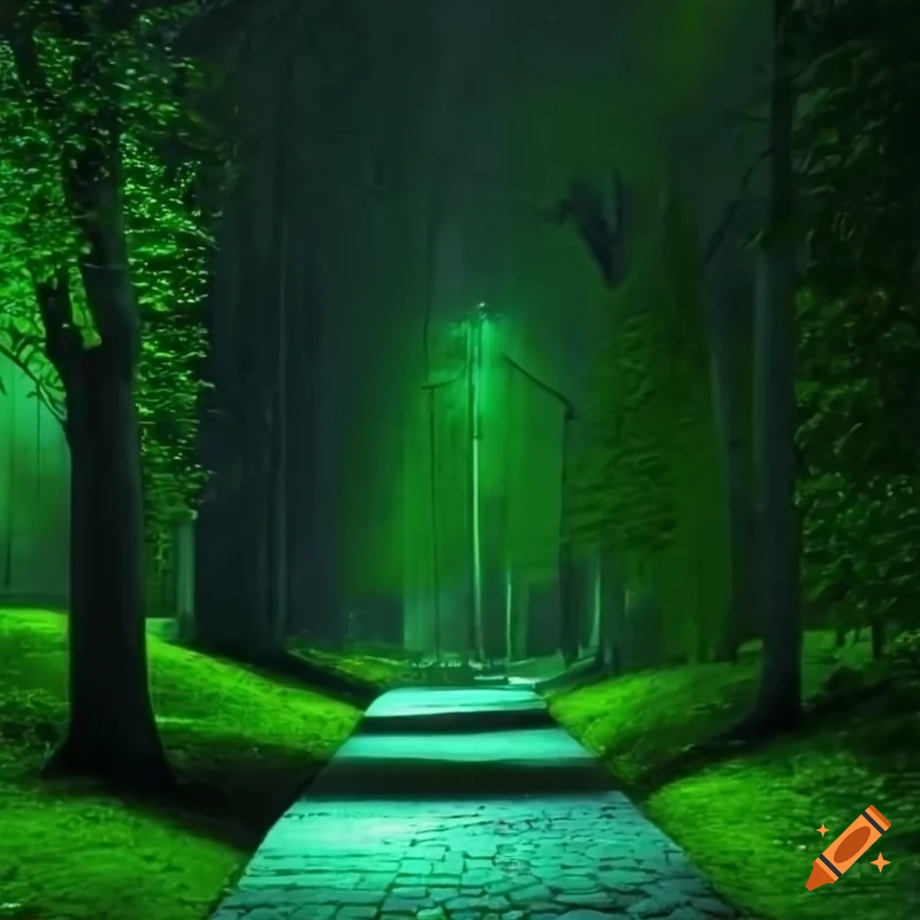 Nighttime view of a green alley on Craiyon