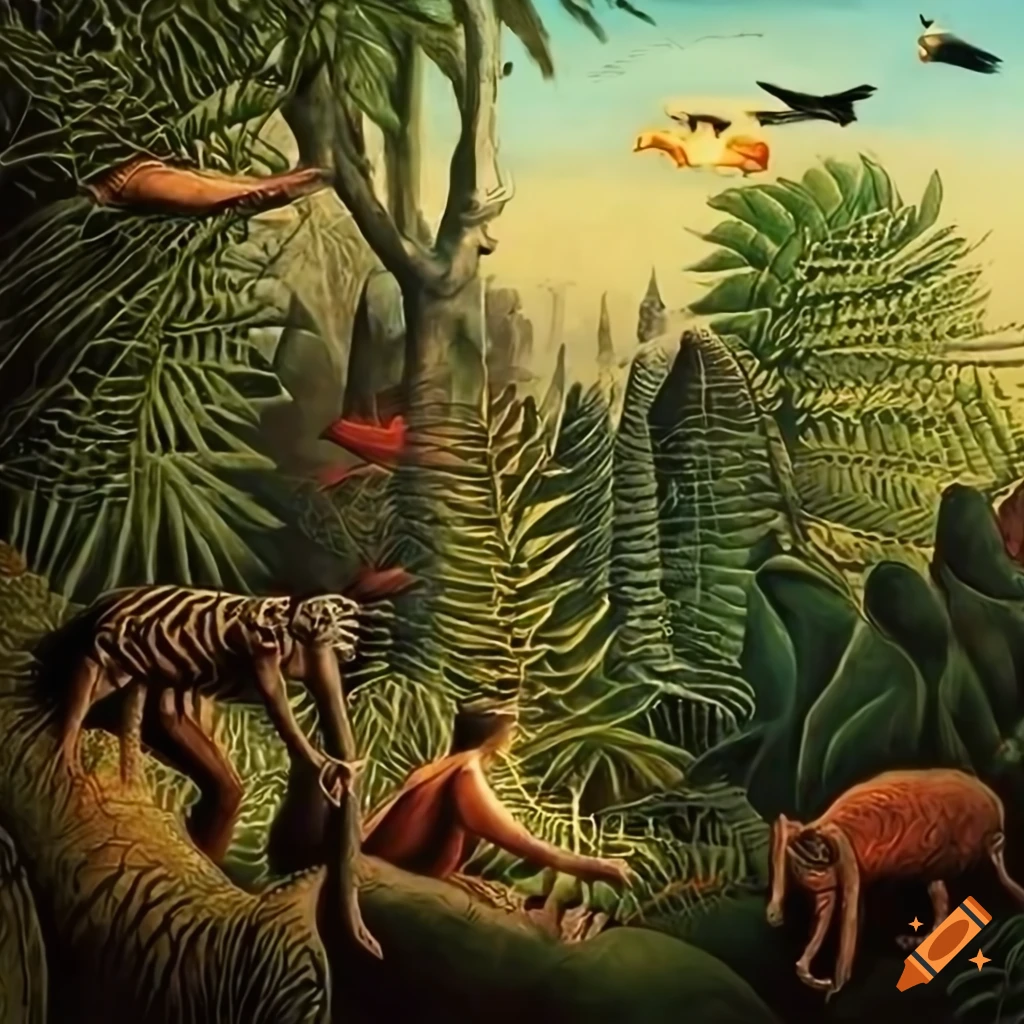 Illustration of jungle landscape with animal-human hybrids on Craiyon