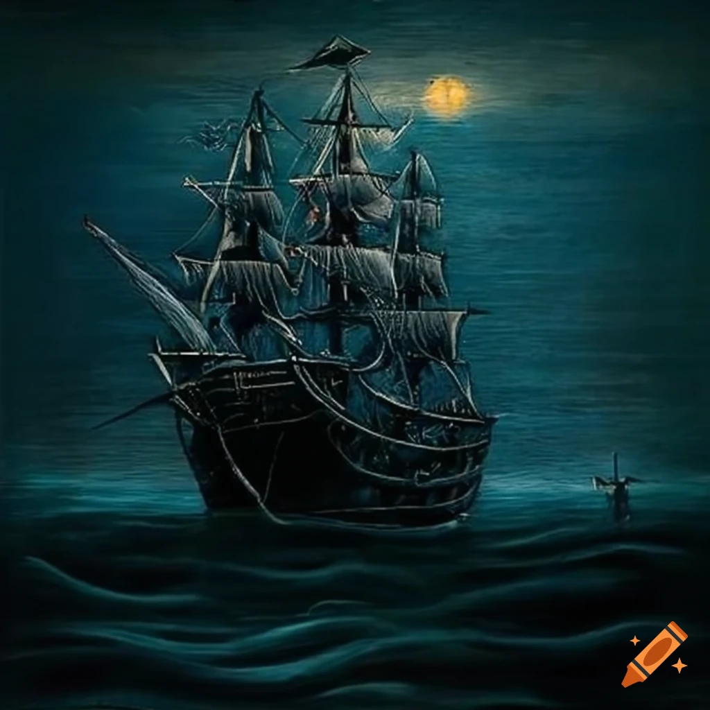 Image of a black pirate ship on the water at sunset