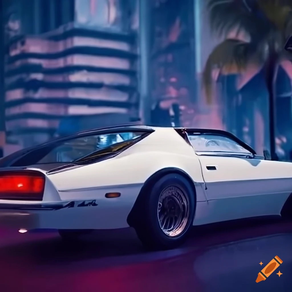 White firebird formula car in miami vice style on Craiyon