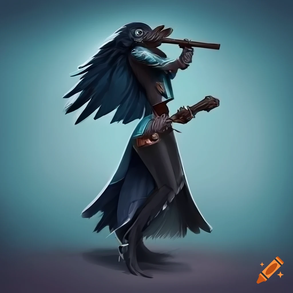 Illustration of a female humanoid crow bard playing a flute
