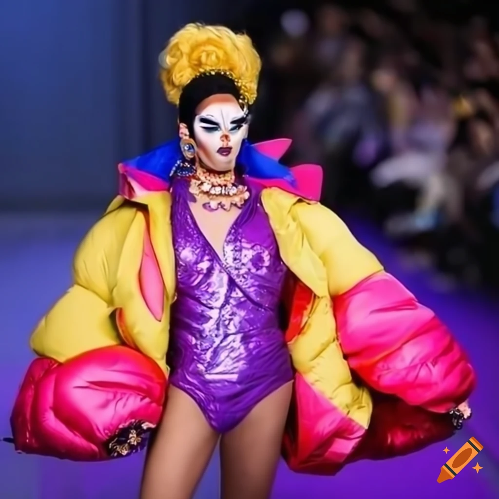 Drag queen in vibrant puff jacket-themed outfit on runway on Craiyon