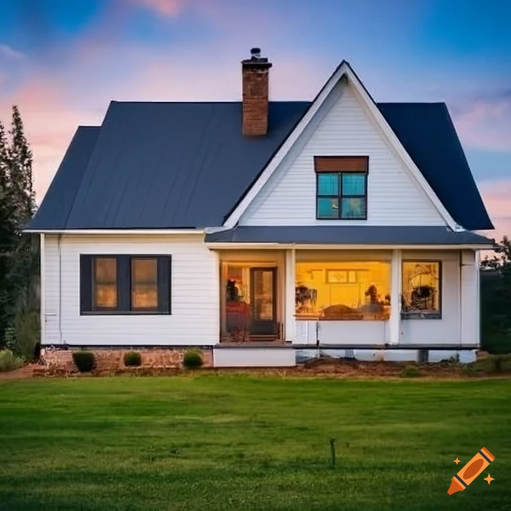 View of a small modern farmhouse in a neighborhood