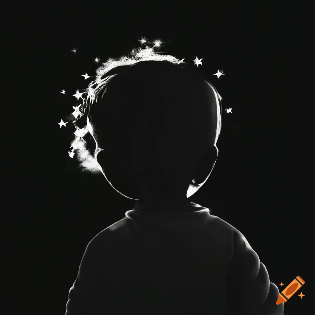 Monochromatic image of a child playing with stars on Craiyon