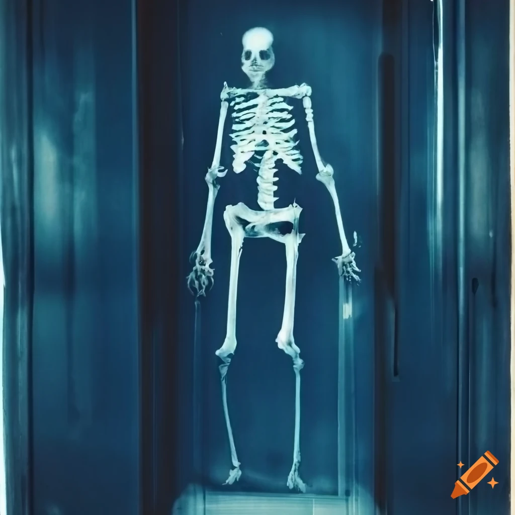 Cyanotype of a skeleton in an elevator on Craiyon