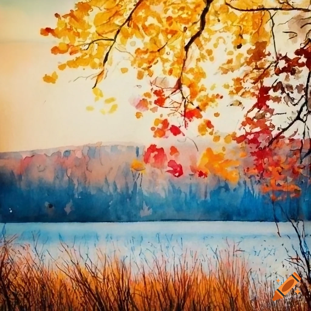 Watercolor painting of autumn trees and lake