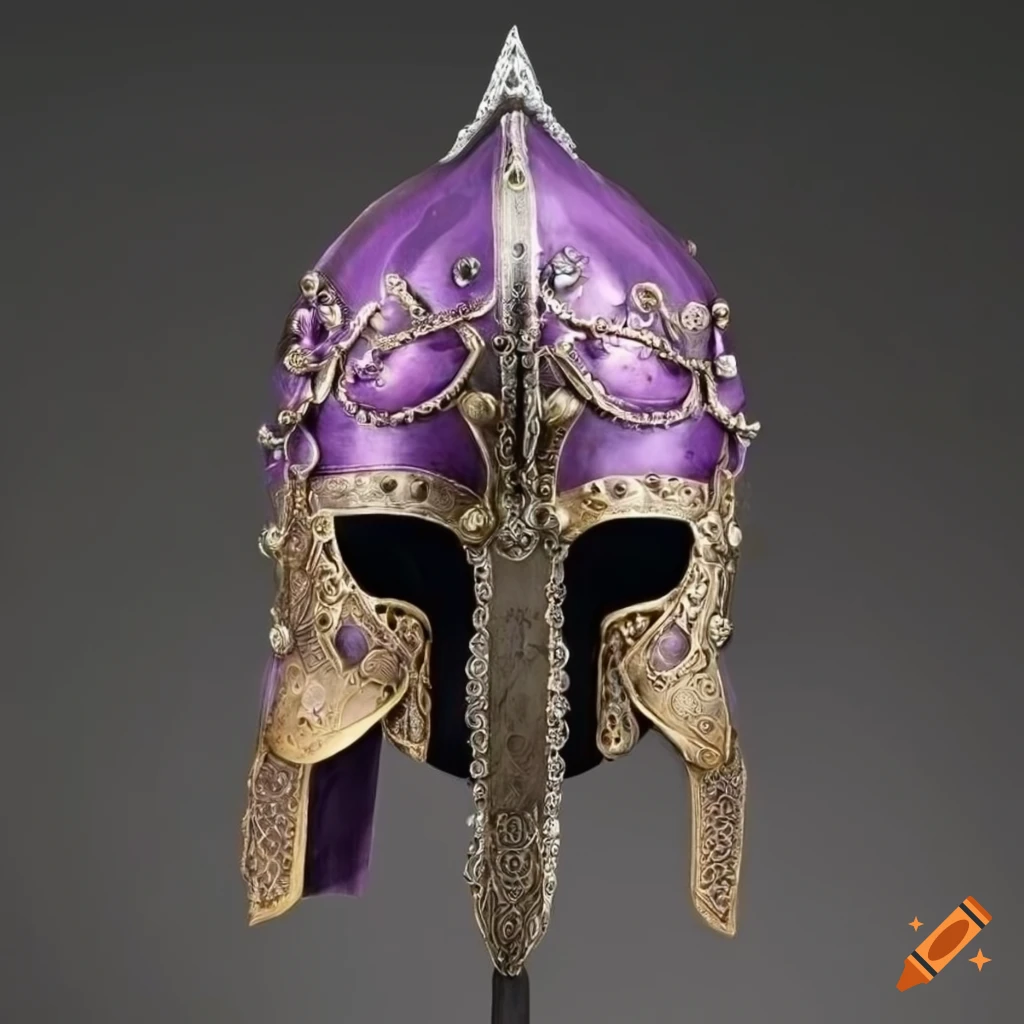Detailed battle helmet with amethyst adornments on Craiyon