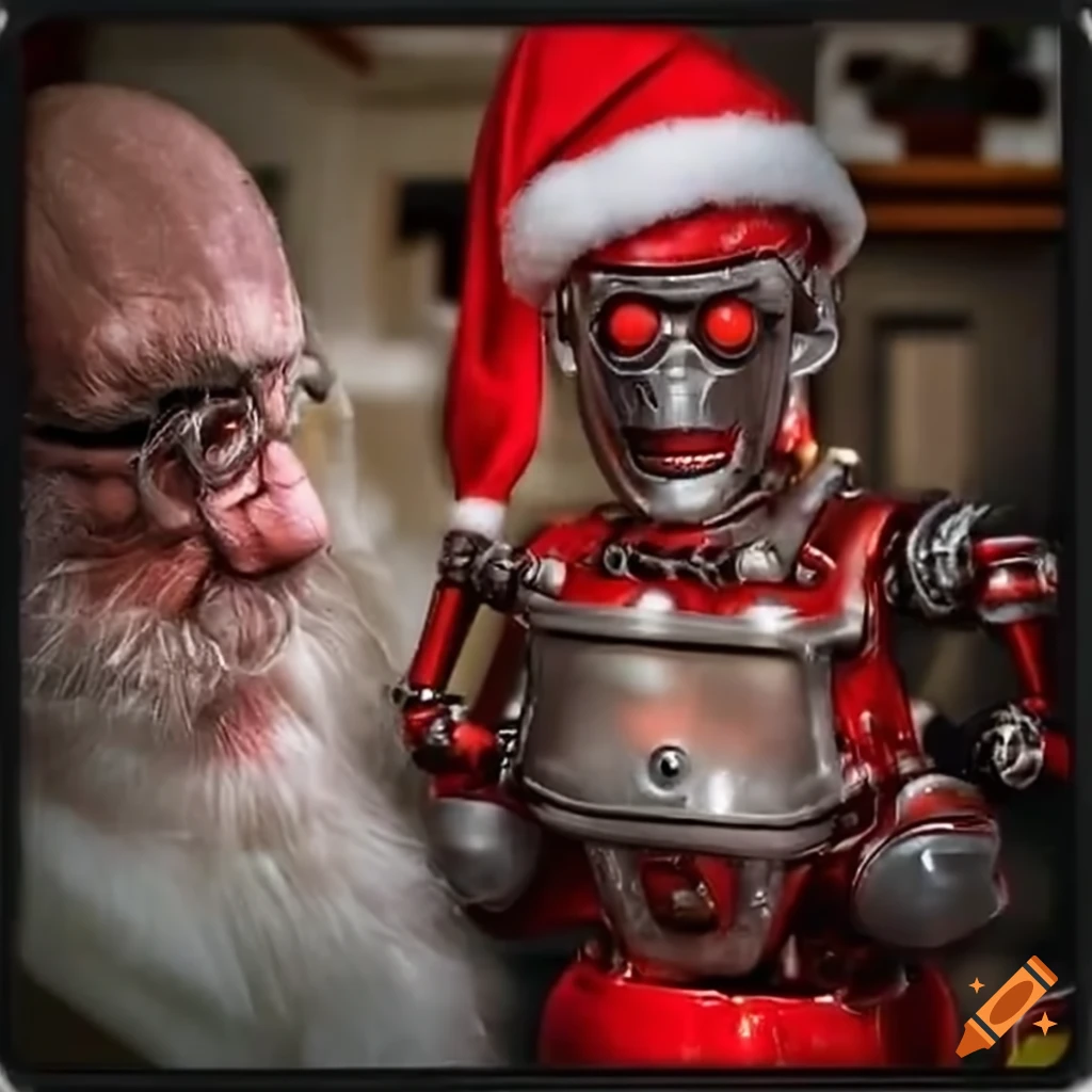 Illustration of a robot battling santa claus on Craiyon
