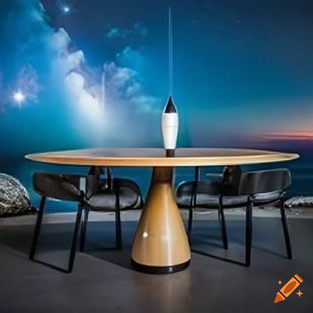 Luxurious space-themed dining table with rocket nozzle legs on Craiyon