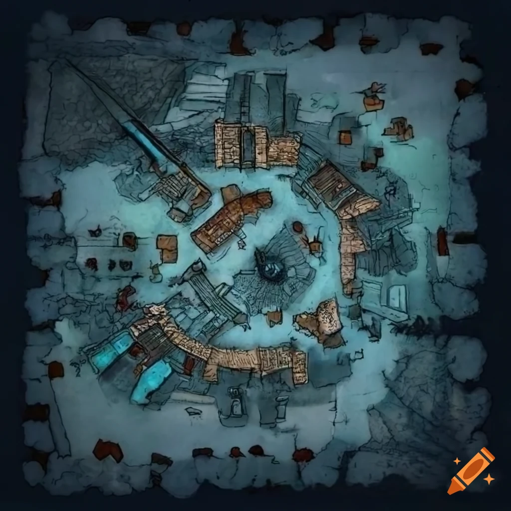 Top view of a winter battlemap of city ruins on Craiyon