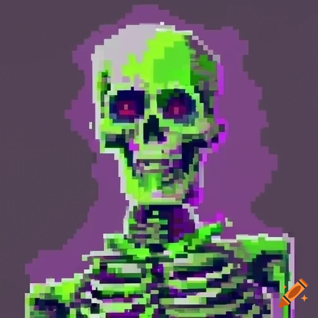 Captivating pixel art of a moss-covered skeleton on Craiyon