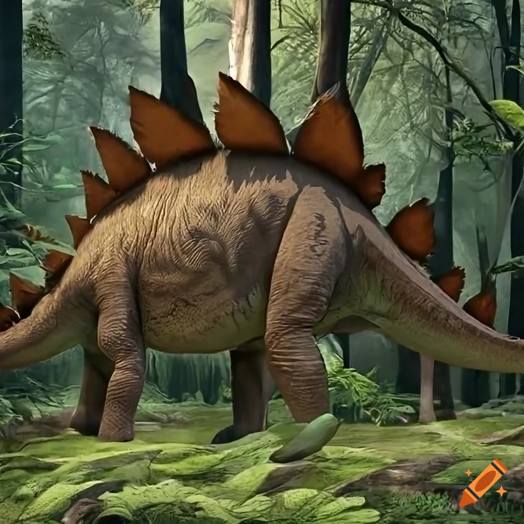 Image of a stegosaurus in a sunny swamp forest on Craiyon