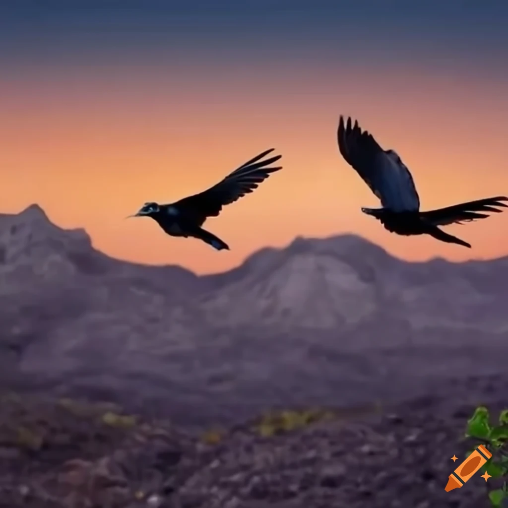 Two crows fighting in orange and pink skies on Craiyon