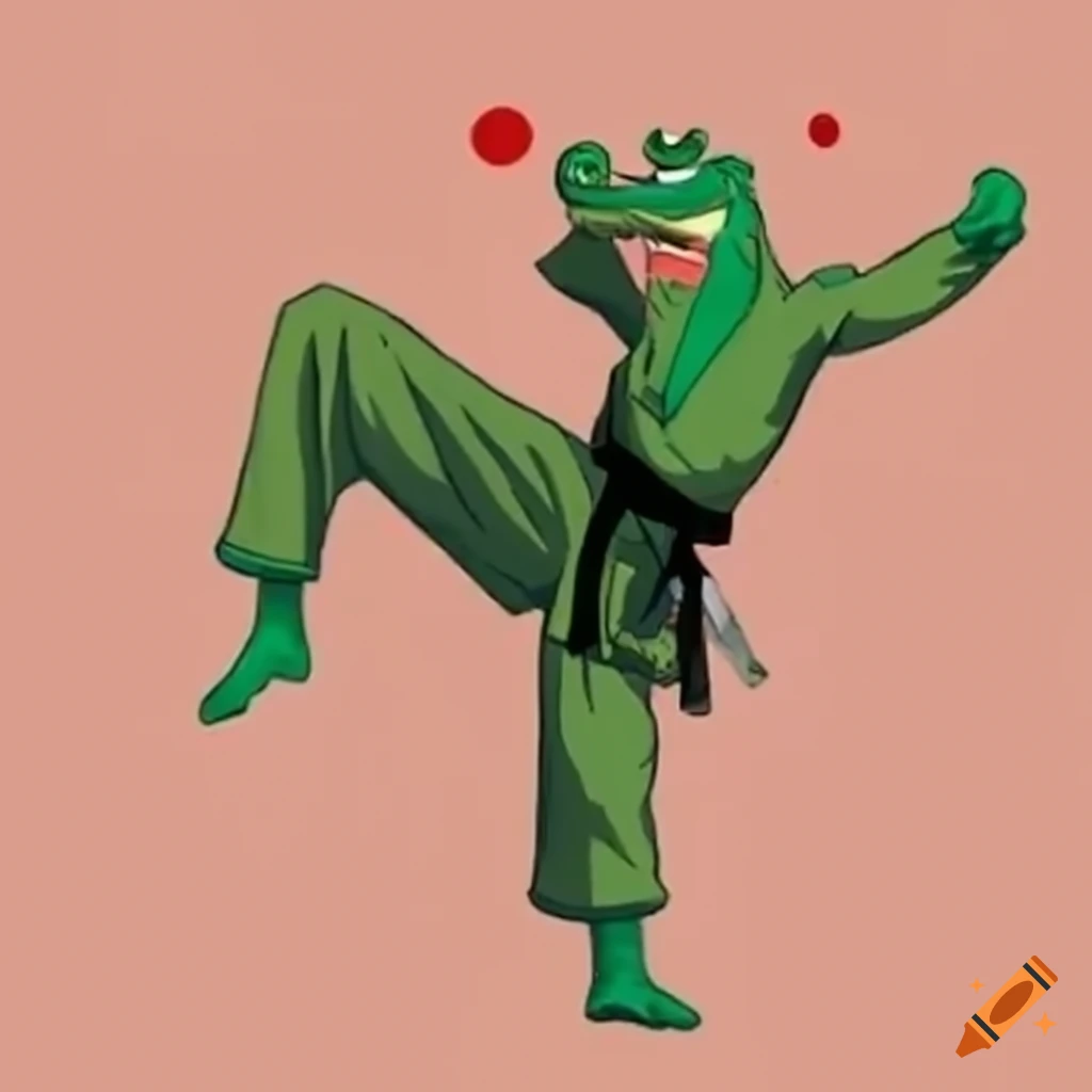 Illustration of a karate crocodile doing a flying kick