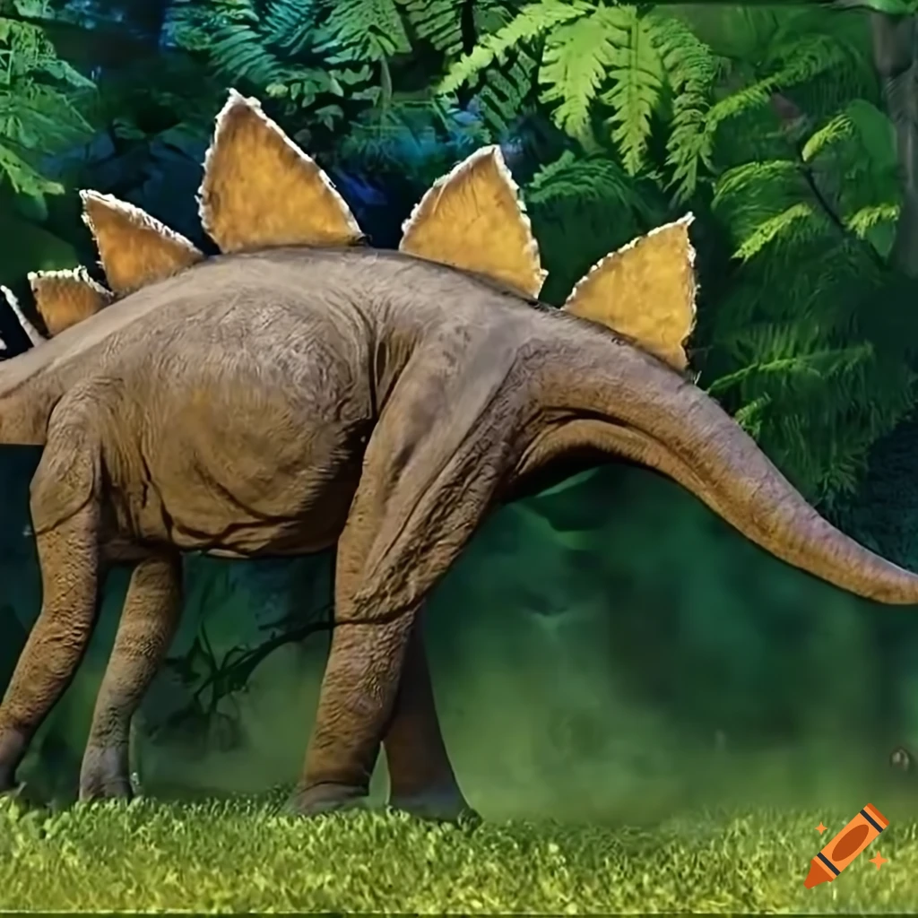 Detailed image of a cinnamon-colored stegosaurus in a forest clearing ...