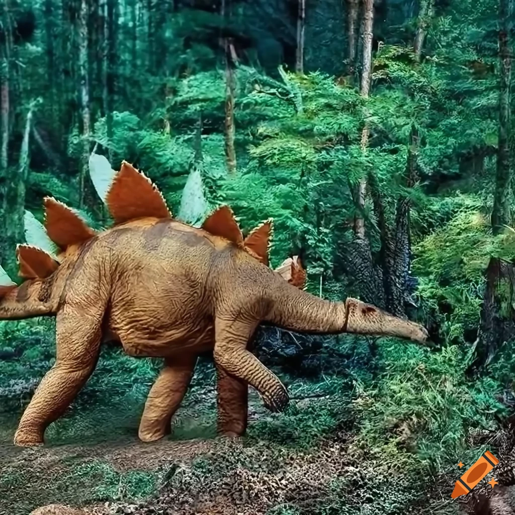 Detailed image of a cinnamon-colored stegosaurus in a forest clearing ...