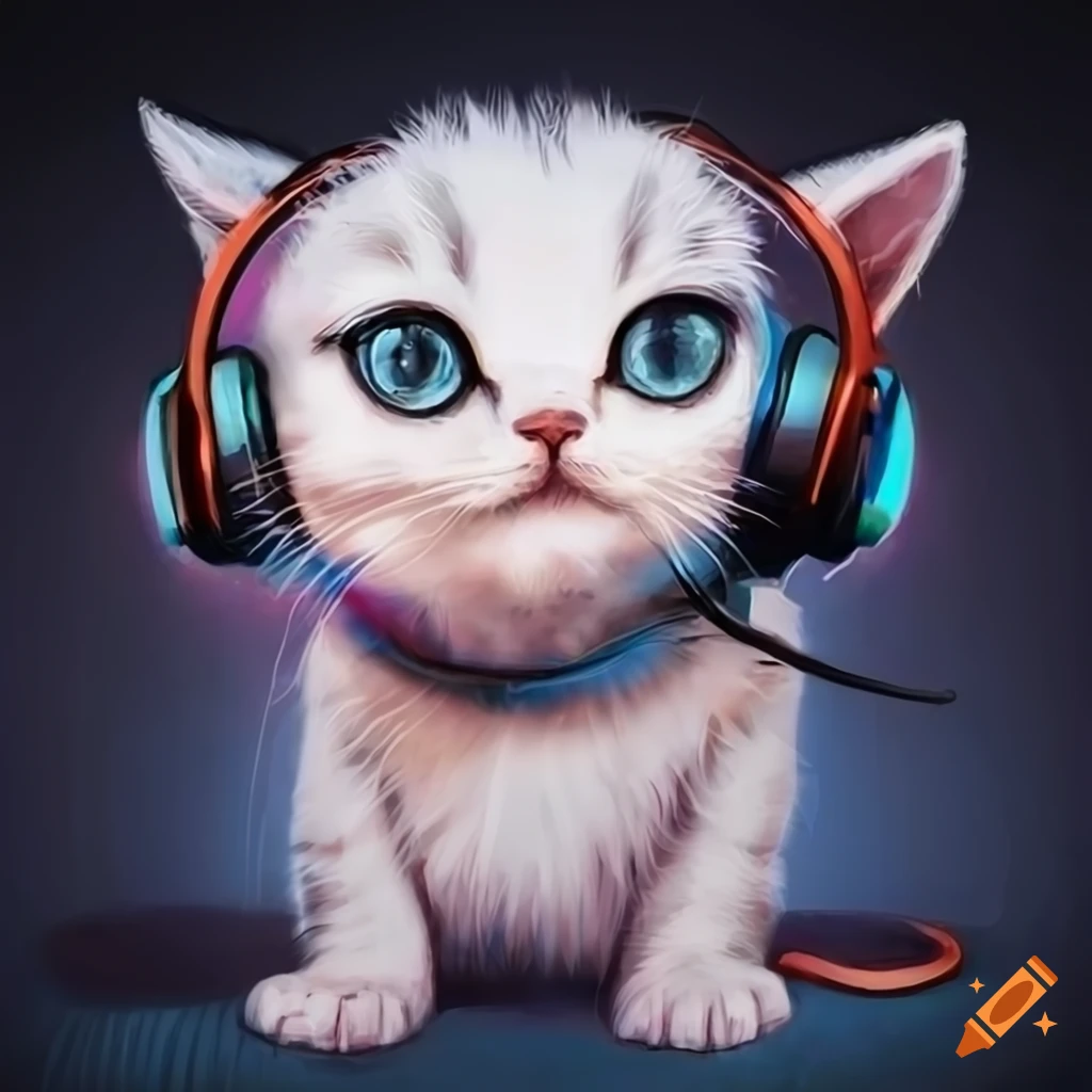 Artwork of a white kitten wearing a gaming headset