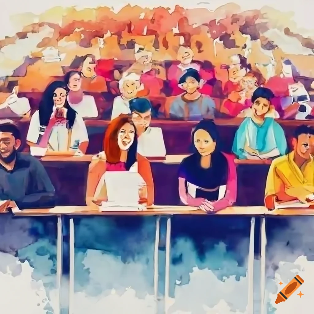 Watercolor of diverse students in a lecture hall on Craiyon