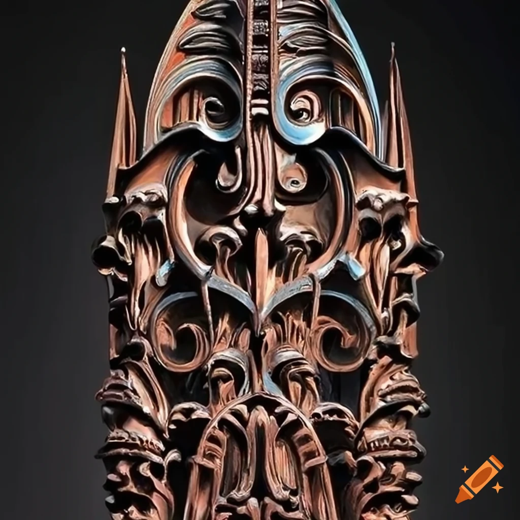 Detailed metalwork sculpture with architectural carving style